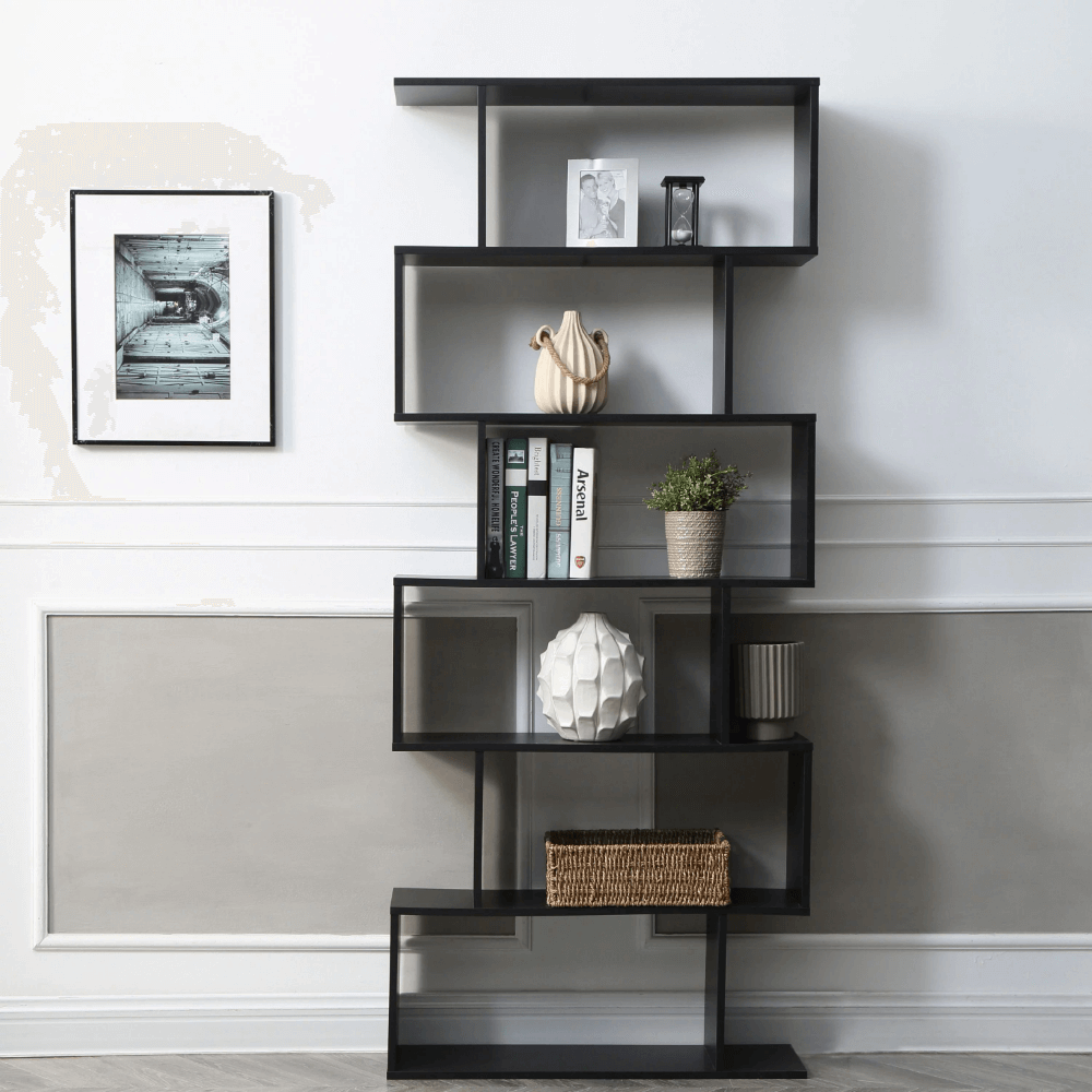 6-Shelf Modern Staggered Bookcase: Contemporary Design – CharmyDecor