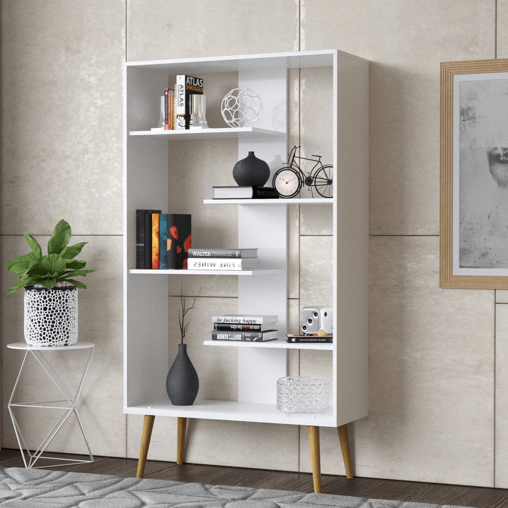 Modern Adjustable 5-Shelf White Wood Bookcase – CharmyDecor