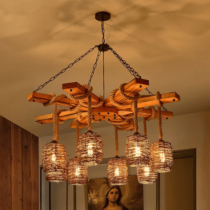 Vintage Farmhouse Rattan Twine Chandelier - CharmyDecor